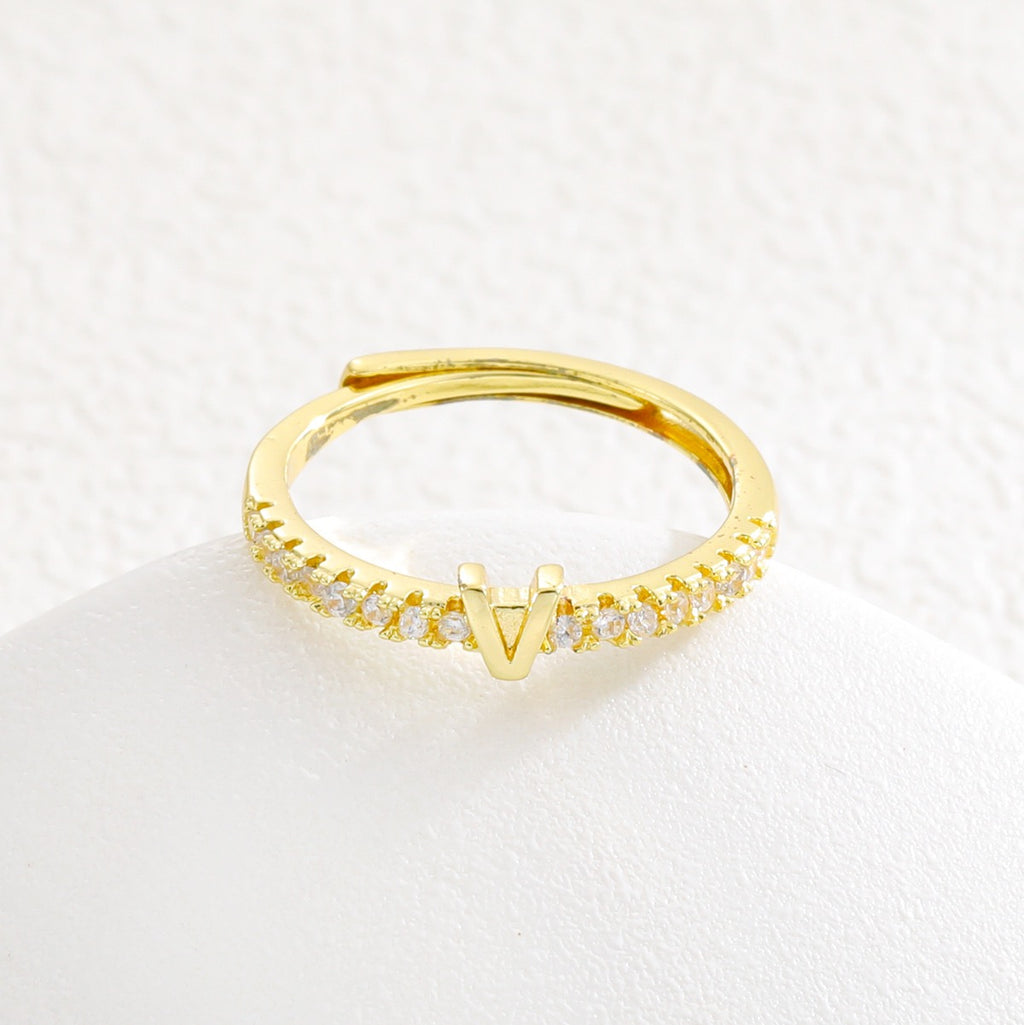 Personalized Gold Letter Ring with CZ Stones - Adjustable Open Band ...