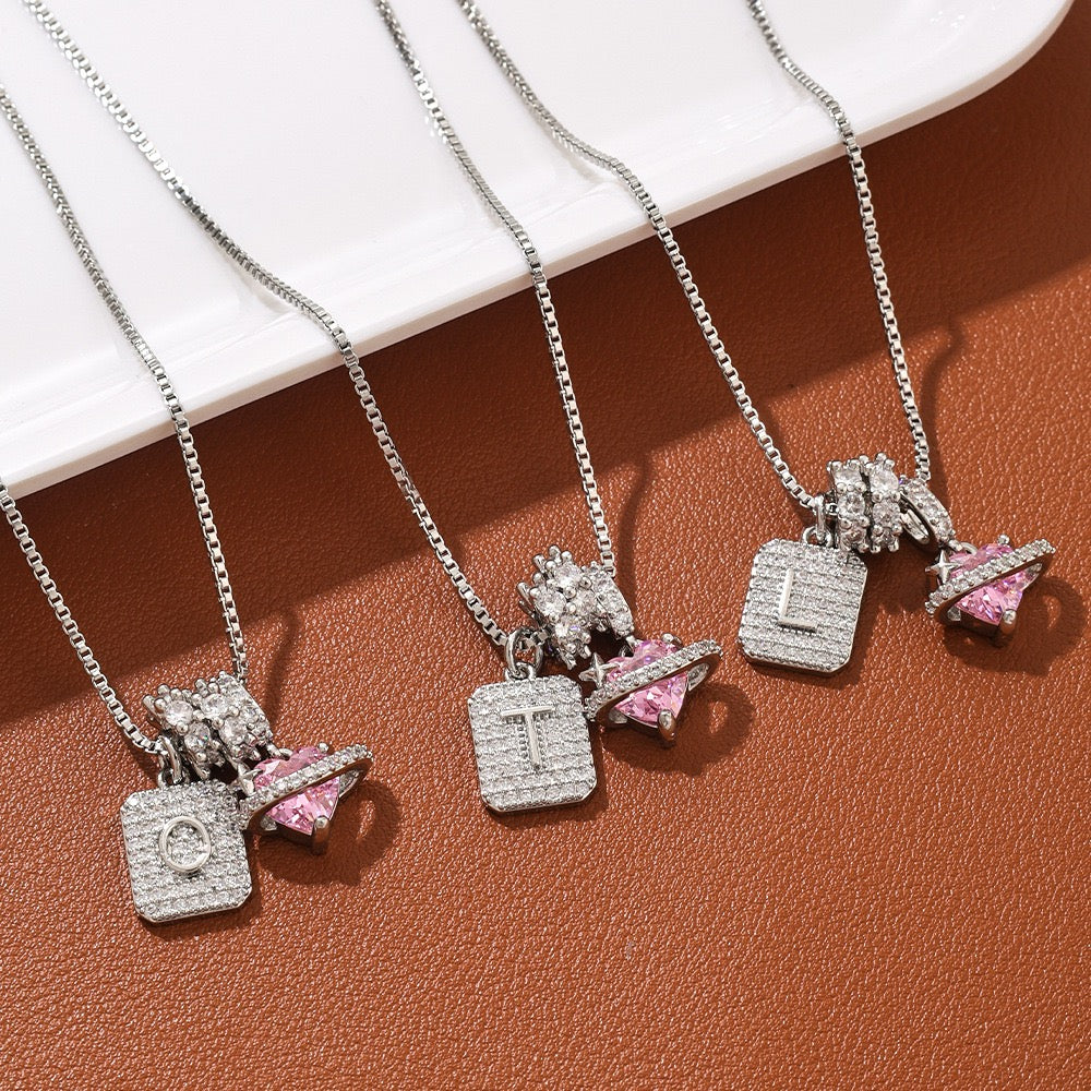 Pink Heart Initial Necklace - Personalized Letter Pendant with CZ ...