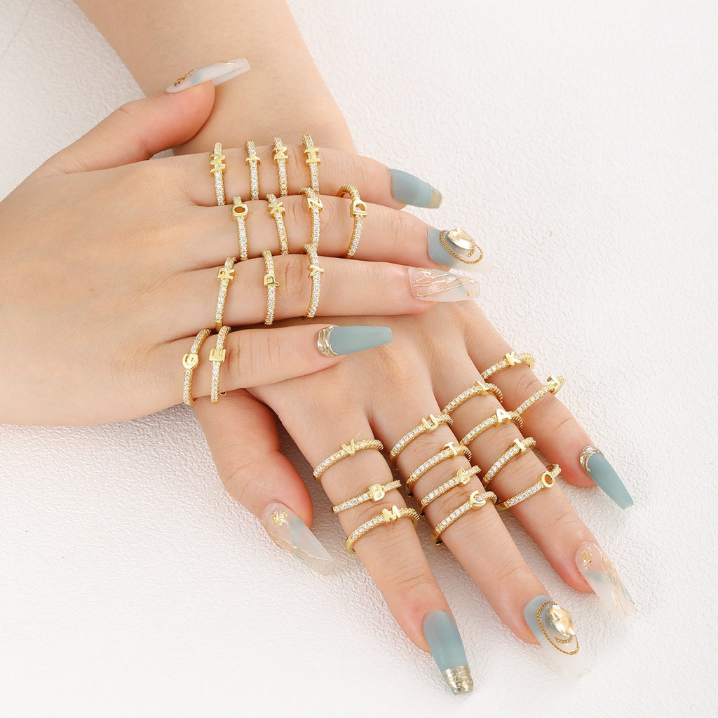 Personalized Gold Letter Ring with CZ Stones - Adjustable Open Band ...